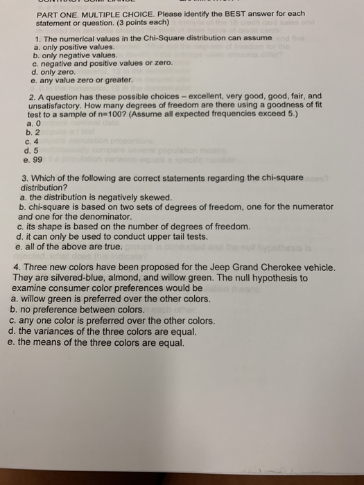 Solved PART ONE. MULTIPLE CHOICE. Please identify the BEST | Chegg.com