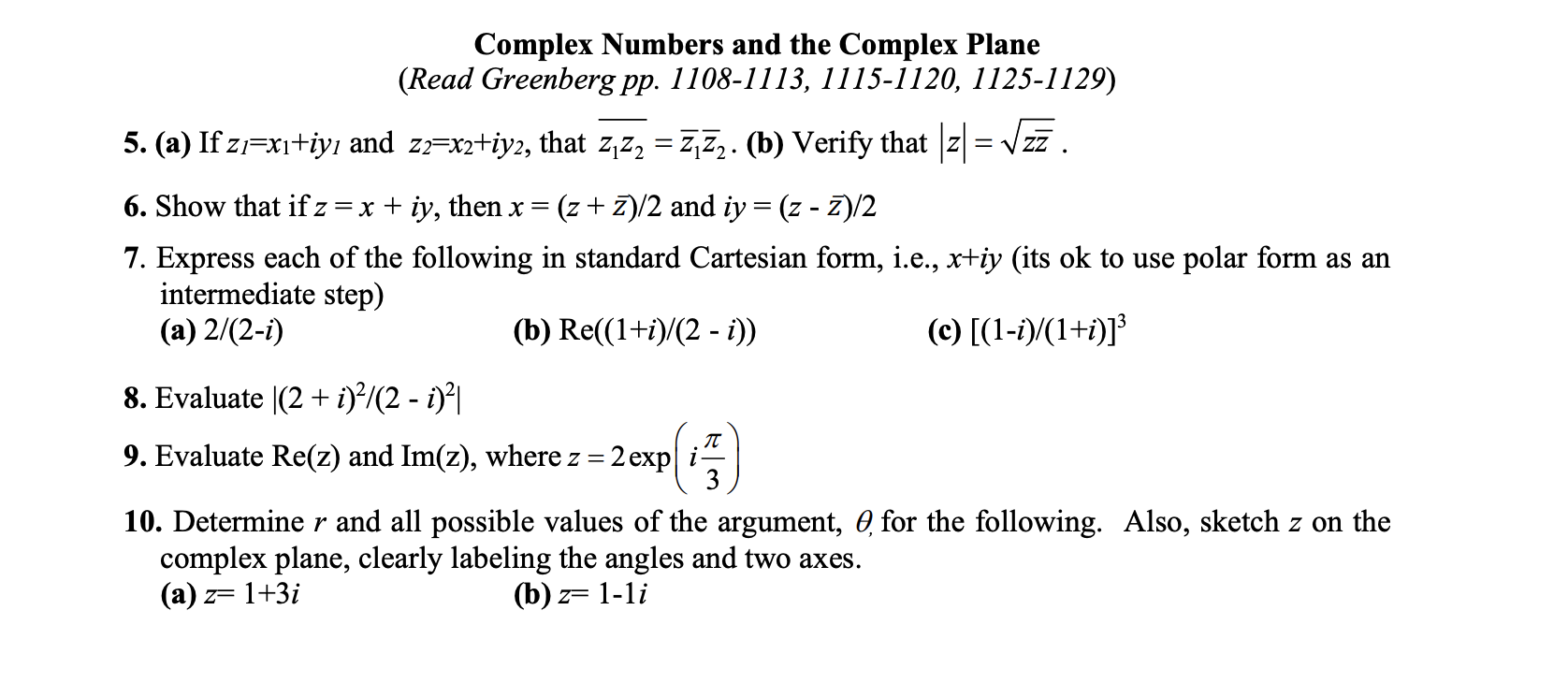 Solved Complex Numbers and the Complex Plane (Read Greenberg | Chegg.com