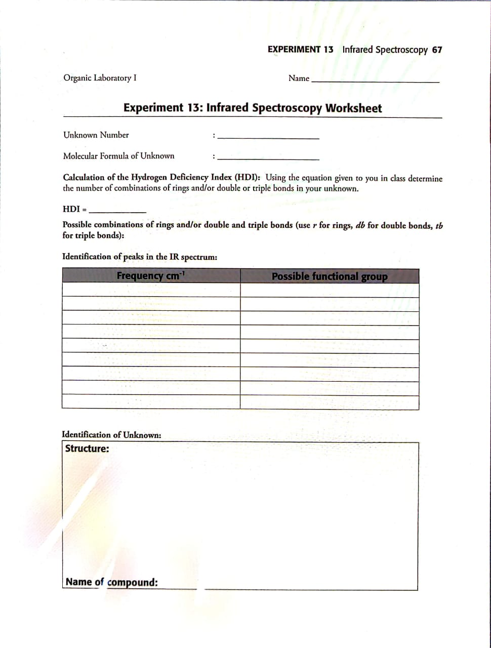 Solved Experiment 13 : infrared spectroscopy worksheet: | Chegg.com