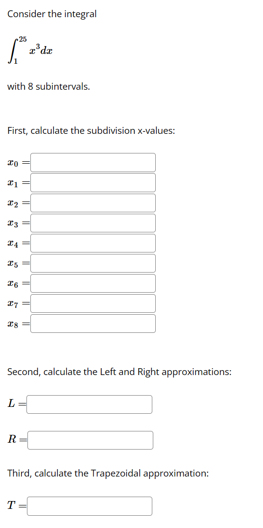 Solved Consider the integral ∫125x3dx with 8 subintervals. | Chegg.com