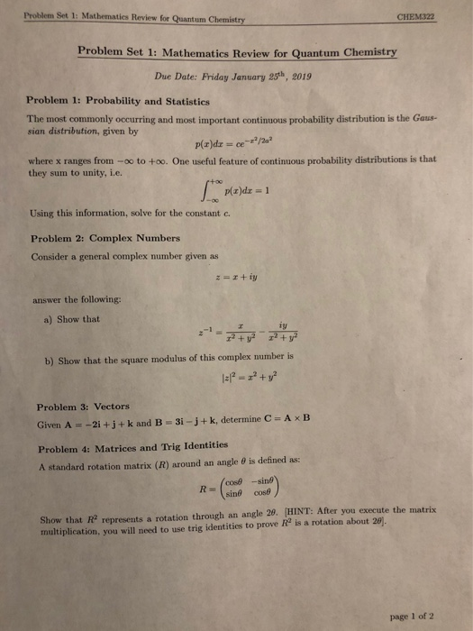 Solved Problem Set 1: Mathematics Review for Quantum | Chegg.com
