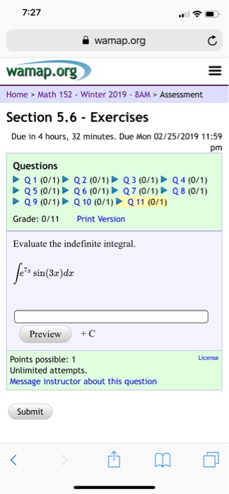 Solved 7:27 el a wamap.org wamap.org Home> Math 152- Winter | Chegg.com