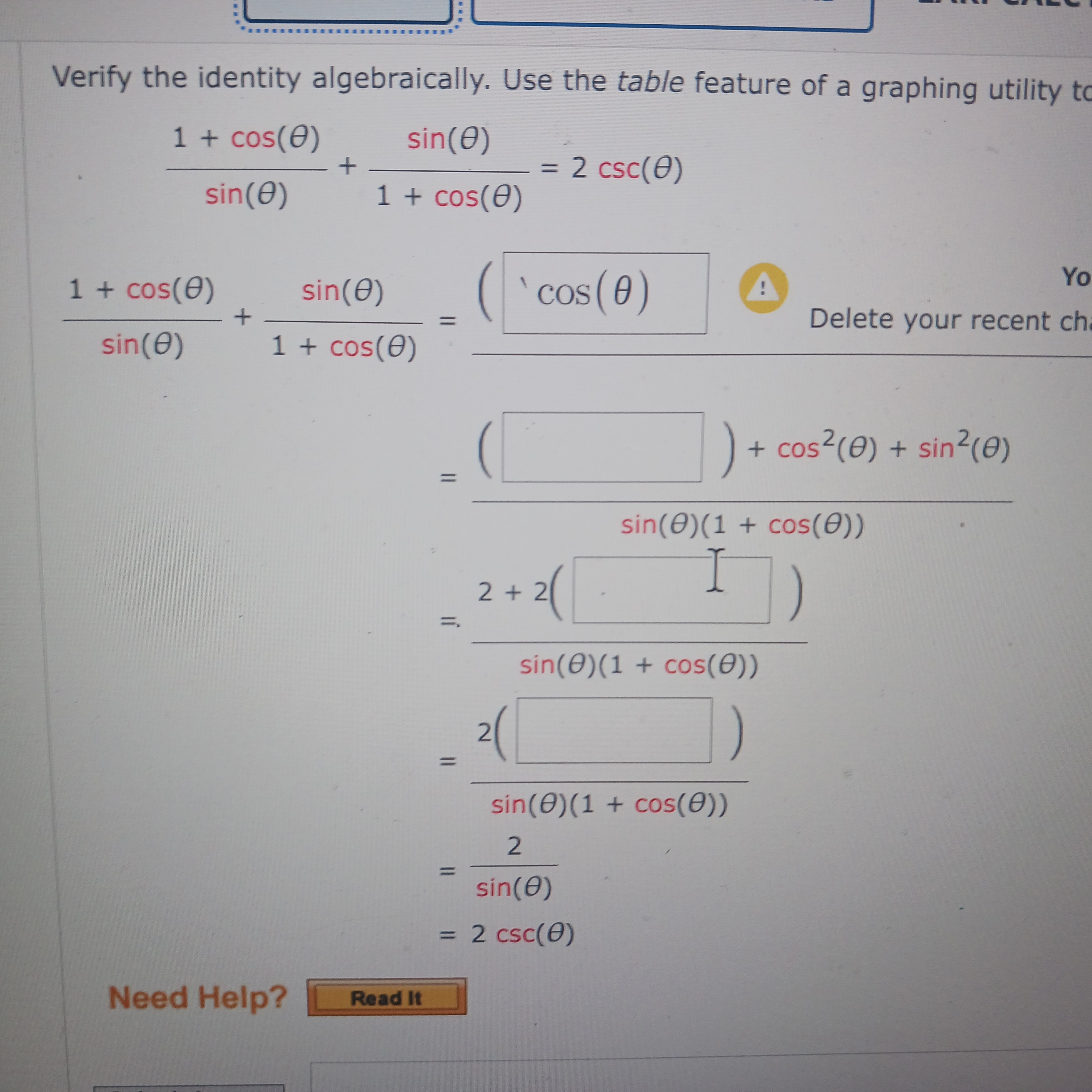 Solved Verify the identity algebraically. Use the table | Chegg.com