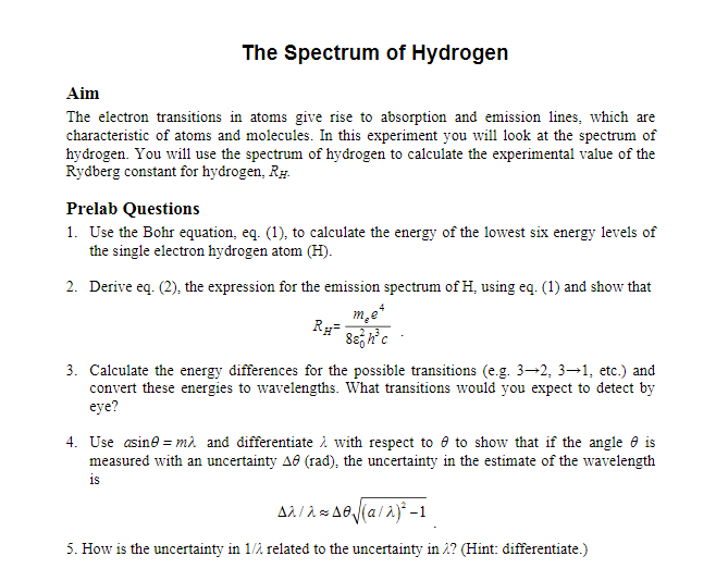 Solved The Spectrum of Hydrogen Aim The electron transitions | Chegg.com