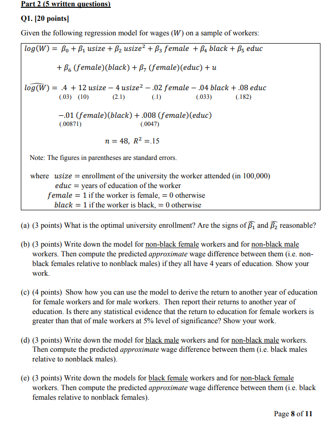 Solved Given the following regression model for wages (W) on | Chegg.com