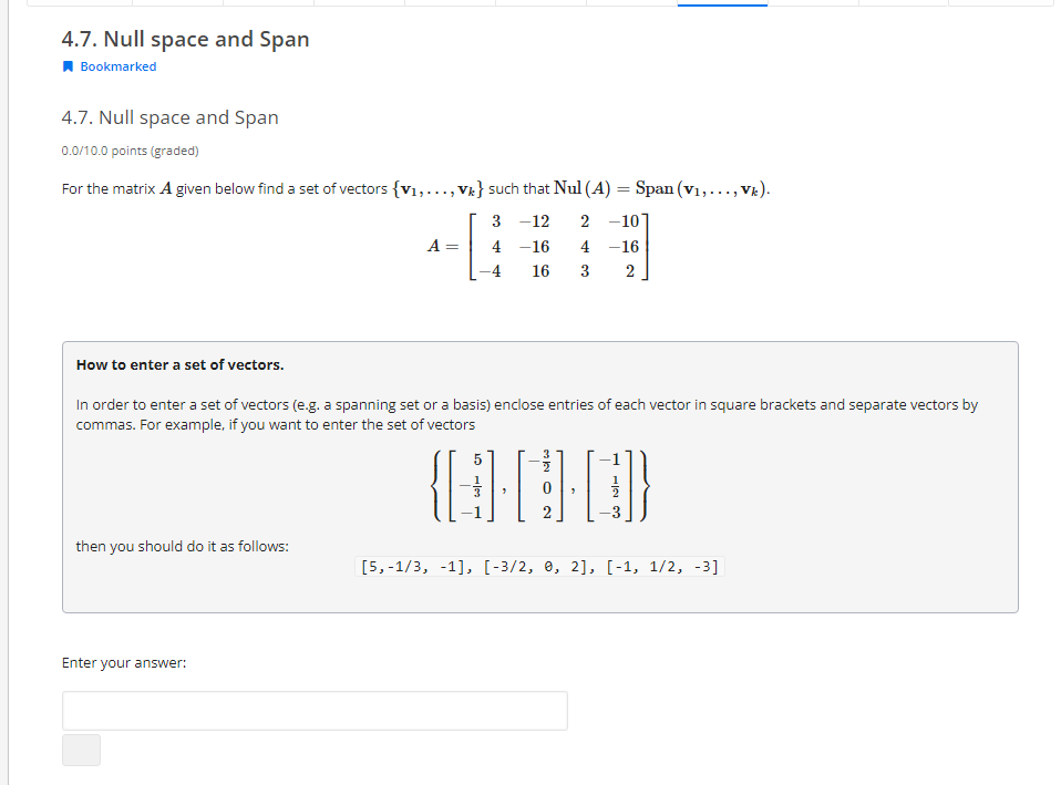 Solved 4.7. Null space and Span Bookmarked 4.7. Null space | Chegg.com