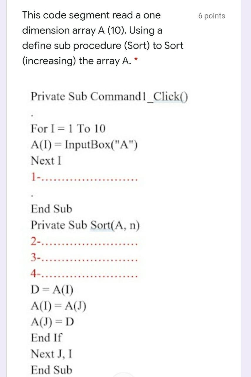 Solved 6 points This code segment read a one dimension array | Chegg.com
