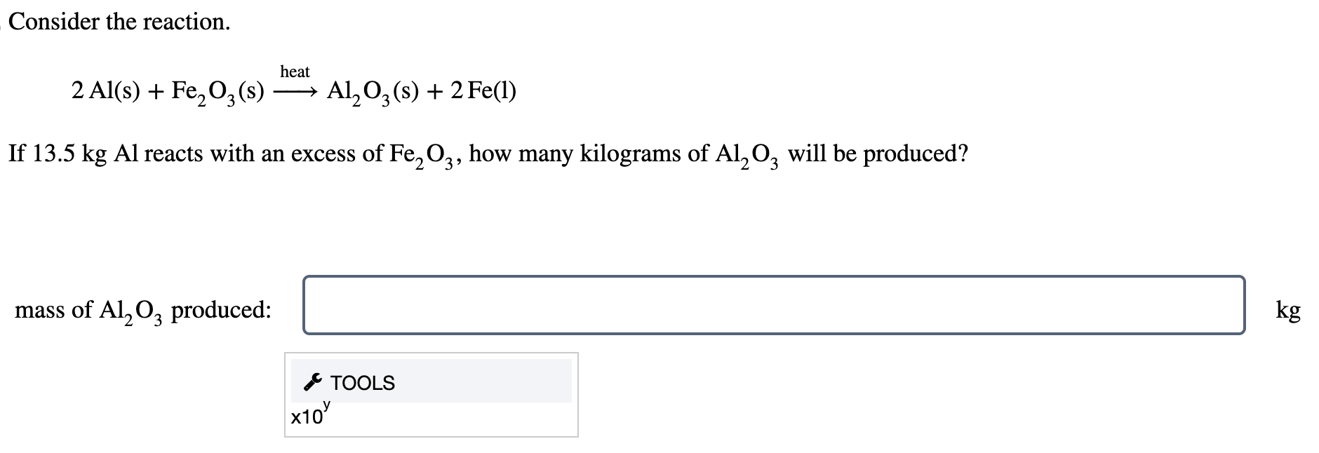 Solved Consider the reaction. 2Al(s)+Fe2O3( s) heat Al2O3( | Chegg.com
