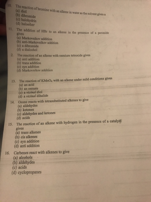 Solved 10. The reaction of bromine with an alkene in water | Chegg.com