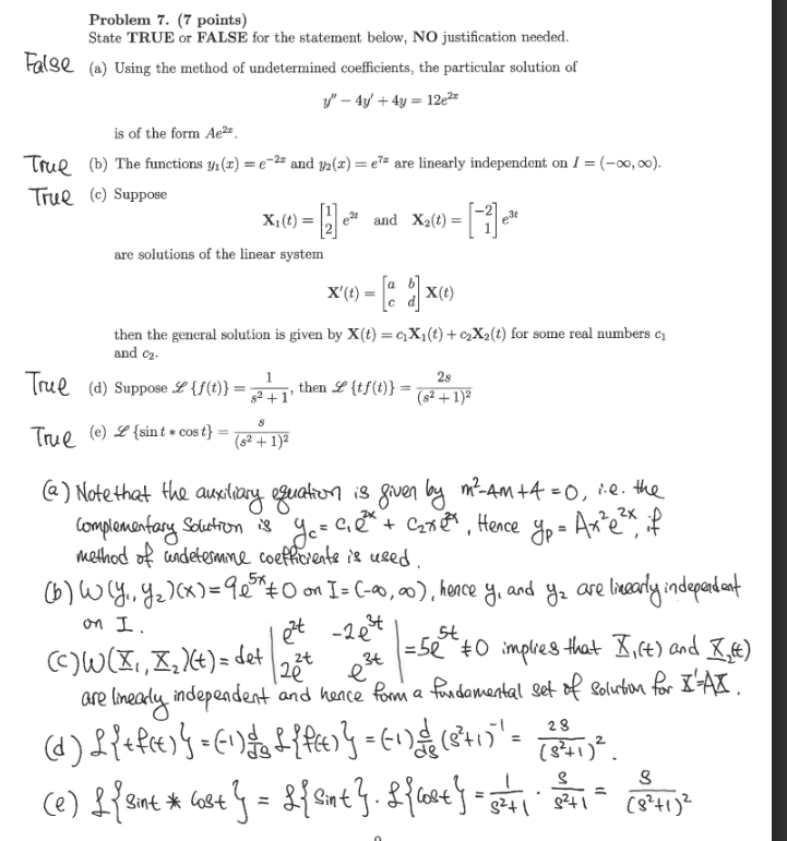 Solved Problem 7. (7 points) State TRUE or FALSE for the | Chegg.com