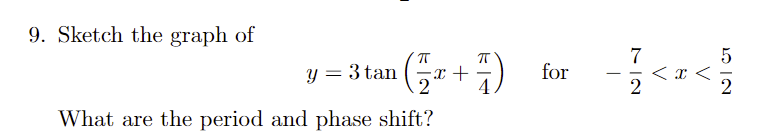 Solved 9. Sketch the graph of y=3tan(2πx+4π) for −27 | Chegg.com