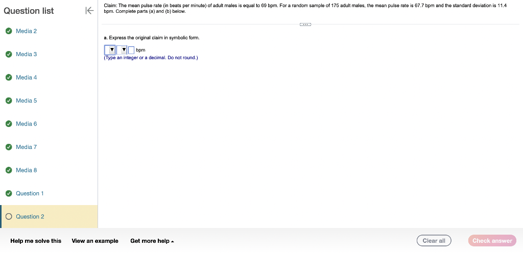Solved Claim: The mean pulse rate (in beats per minute) of | Chegg.com
