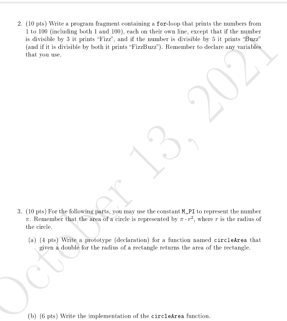 Solved 2. (10 pts) Write a program fragment containing a | Chegg.com