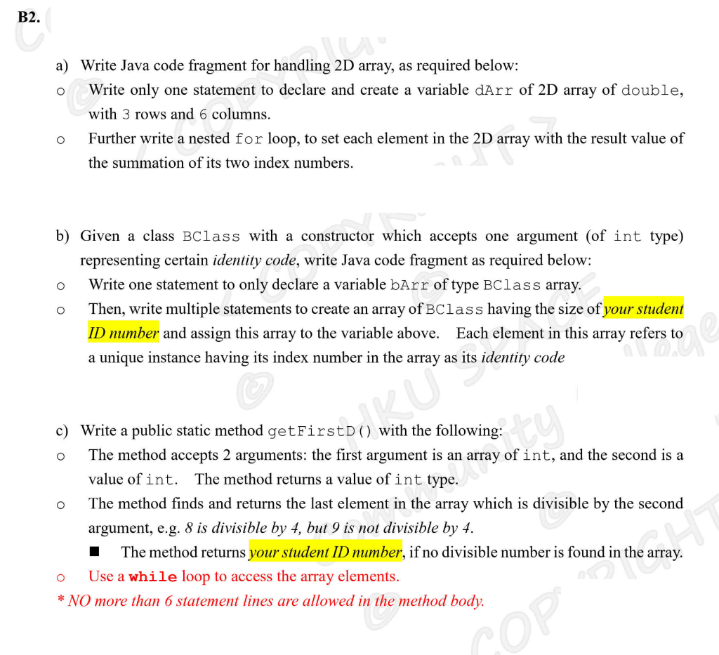 Solved B2. o a) Write Java code fragment for handling 2D | Chegg.com