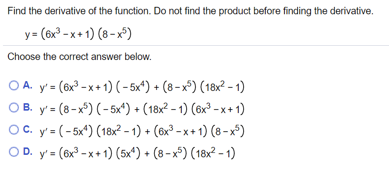 Solved Find the derivative of the function. Do not find the | Chegg.com