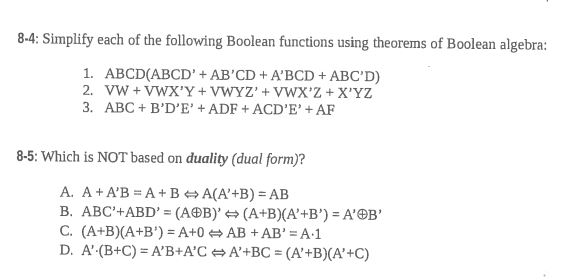 Solved 84 Simpility euch of the follwving Boolean functions | Chegg.com
