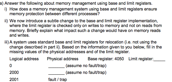 Solved a) Answer the following about memory management using | Chegg.com