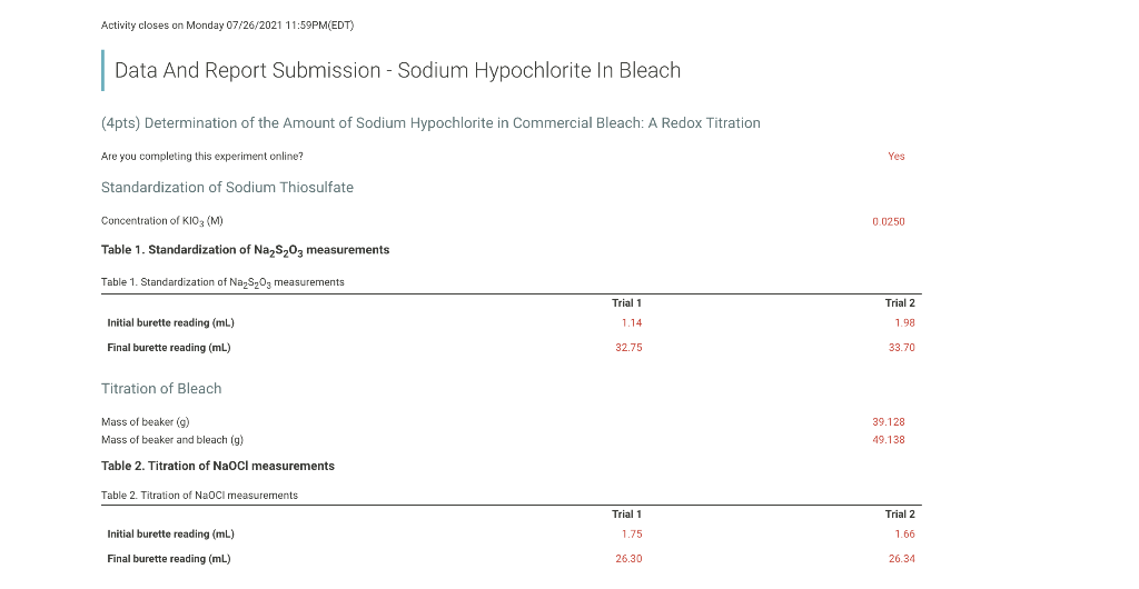 Solved Table 4. % NaCl in bleach Table view List view Table | Chegg.com Solved Table 4. % NaCl in bleach Table view List view Table | Chegg.com