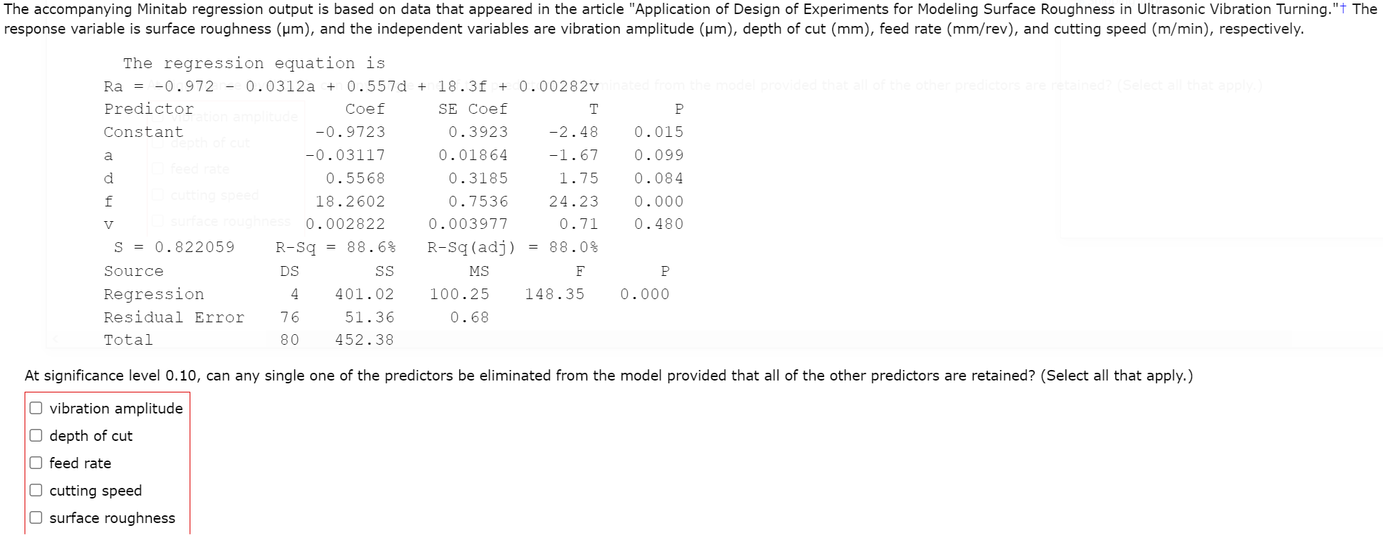 Solved The accompanying Minitab regression output is based | Chegg.com