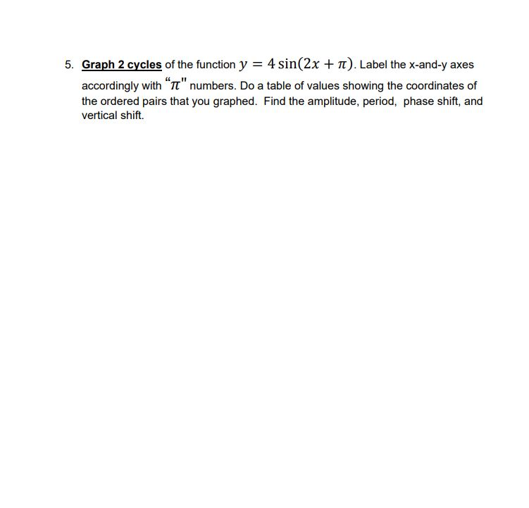 Solved 5. Graph 2 cycles of the function y = 4 sin(2x + 1). | Chegg.com