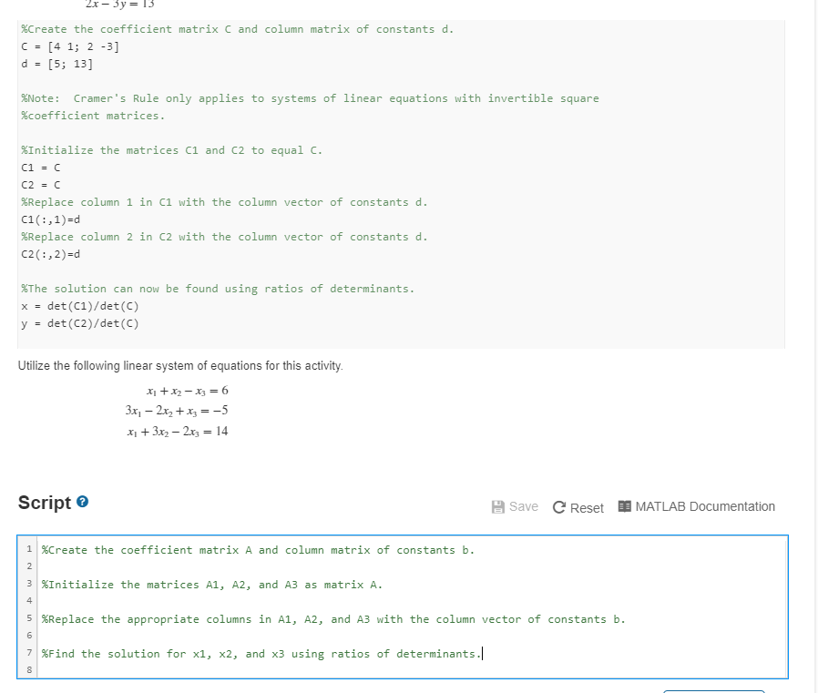 Solved 2x – 3y = 13 %Create the coefficient matrix C and | Chegg.com