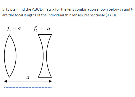 Solved 5.(5 pts) Find the ABCD matrix for the lens | Chegg.com