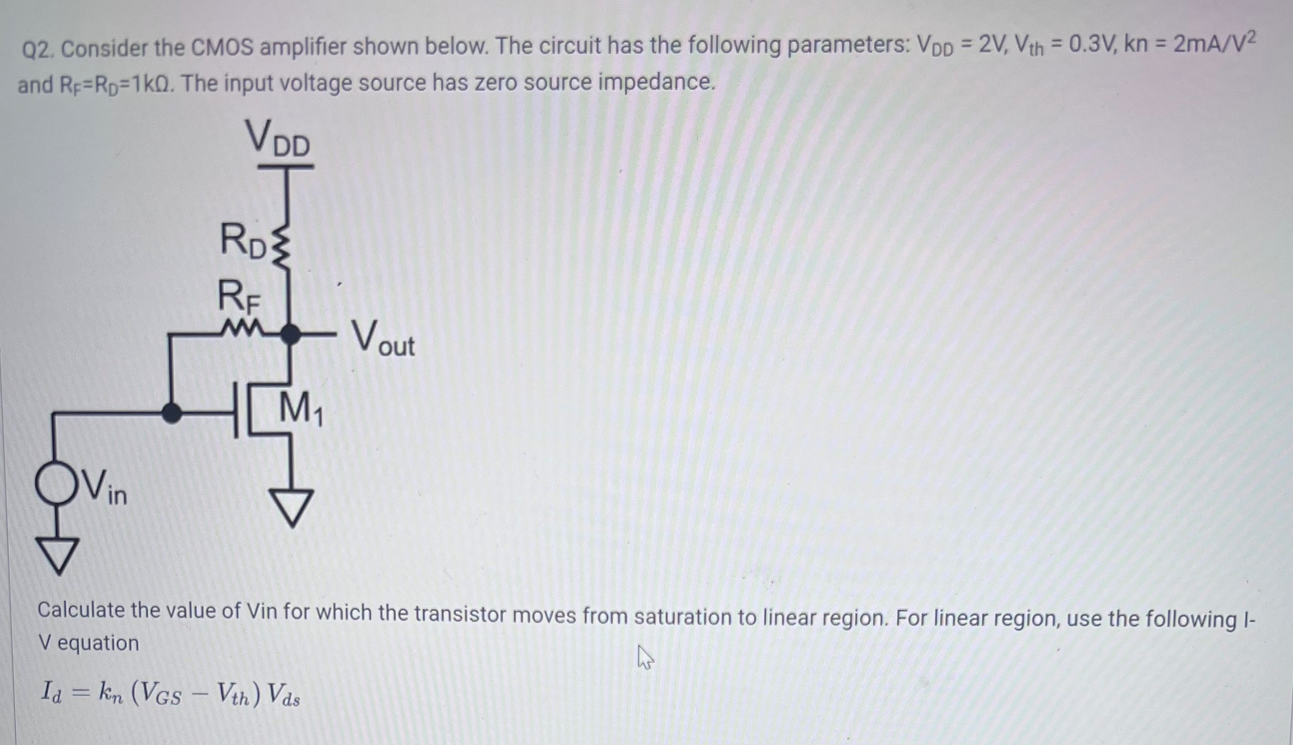 Solved Q2. ﻿Consider the CMOS amplifier shown below. The | Chegg.com