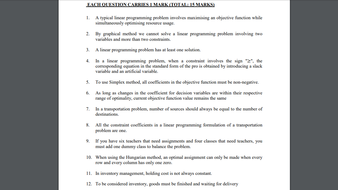 Solved EACH QUESTION CARRIES 1 MARK (TOTAL: 15 MARKS) 1. A | Chegg.com