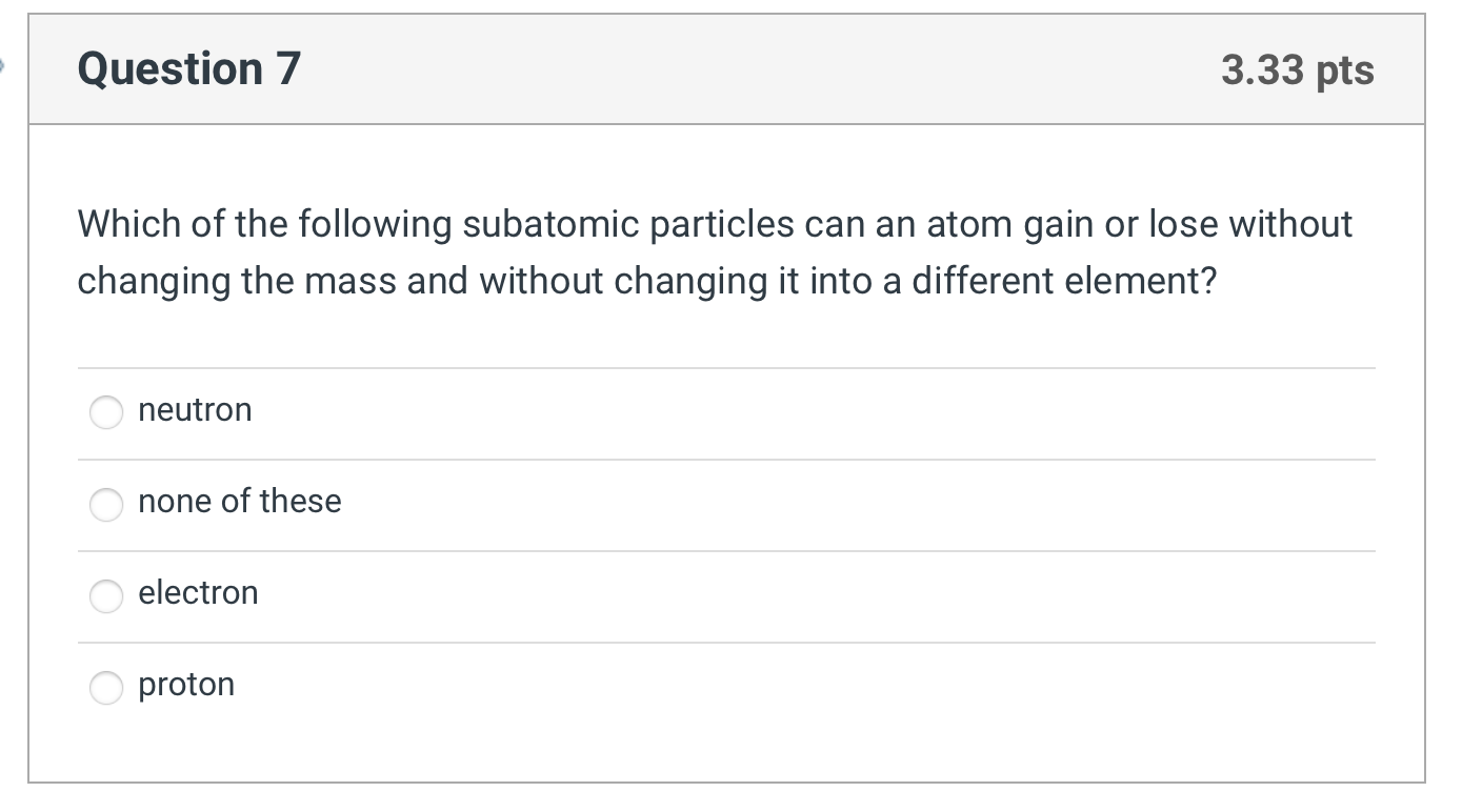 Solved Question 7 3.33 pts Which of the following subatomic | Chegg.com