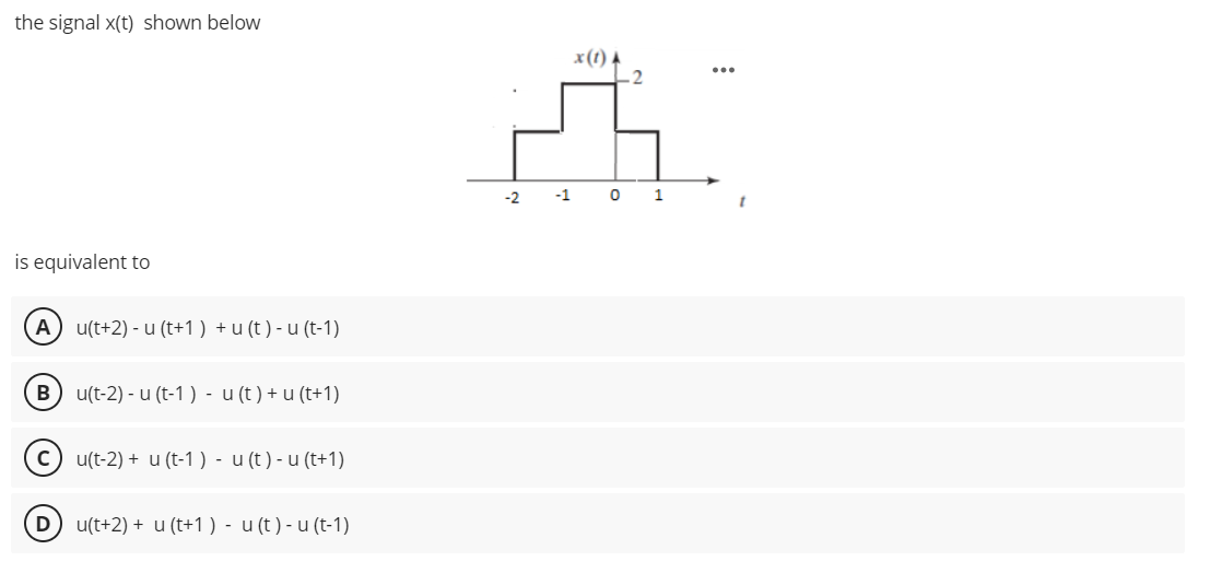 Solved the signal x(t) shown below is equivalent to (A) | Chegg.com