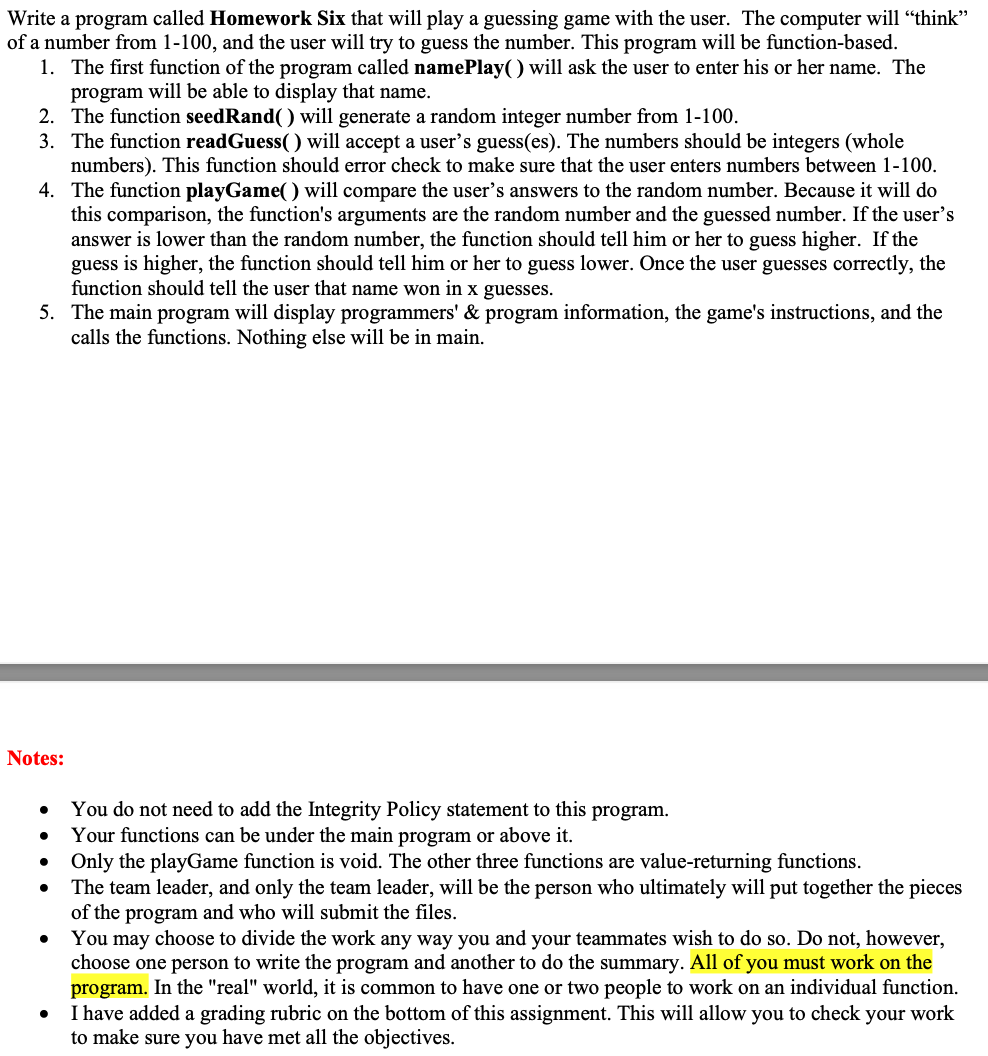 Solved Write a program called Homework Six that will play a | Chegg.com