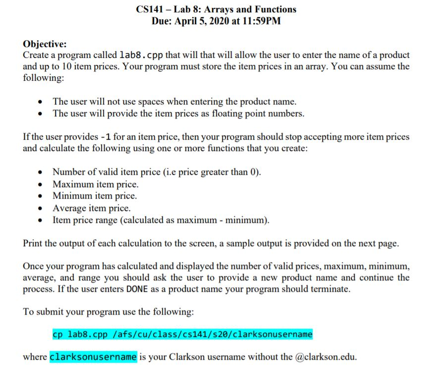 Solved CS141 - Lab 8: Arrays and Functions Due: April 5, | Chegg.com