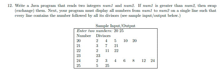 Solved 12. Write a Java program that reads two integers num1 | Chegg.com