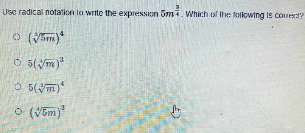 Solved Use radical notation to write the expression 5m43. | Chegg.com