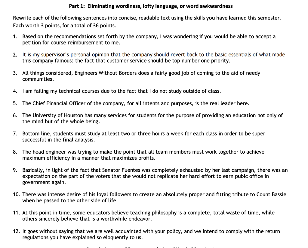 Solved Part 1: Eliminating wordiness, lofty language, or | Chegg.com