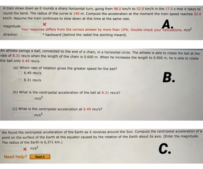 Solved A train slows down as it rounds a sharp horizontal | Chegg.com