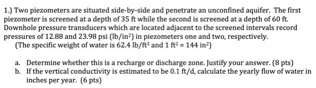 Solved 1.) Two piezometers are situated side-by-side and | Chegg.com