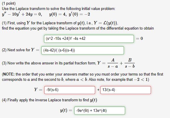 Solved (1 ﻿point)Use the Laplace transform to solve the | Chegg.com