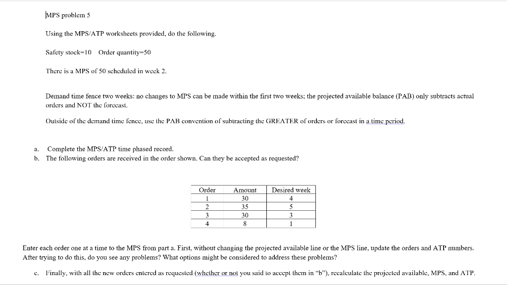Solved MPS problem 5 Using the MPS/ATP worksheets provided, | Chegg.com