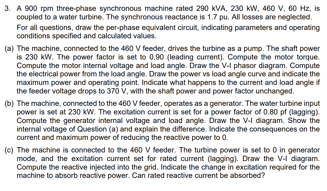 3. A 900 rpm three-phase synchronous machine rated | Chegg.com