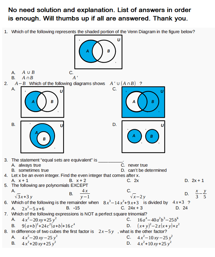 Solved No need solution and explanation. List of answers in | Chegg.com
