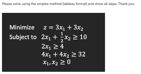 Solved Please solve using the simplex method (tableau | Chegg.com