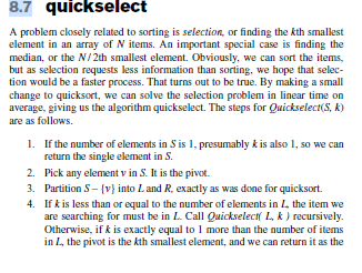 8.7 quickselect A problem closely related to sorting | Chegg.com