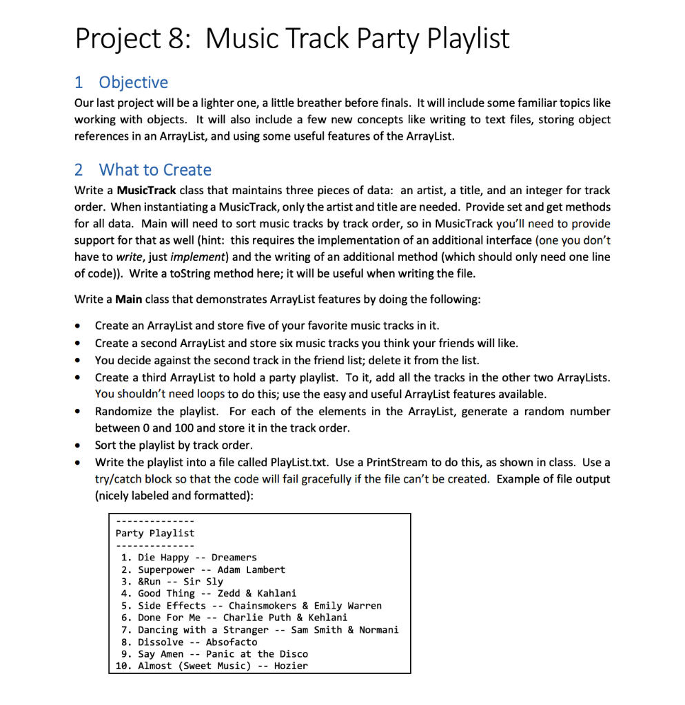 Solved Project 8: Music Track Party Playlist 1 Objective Our | Chegg.com