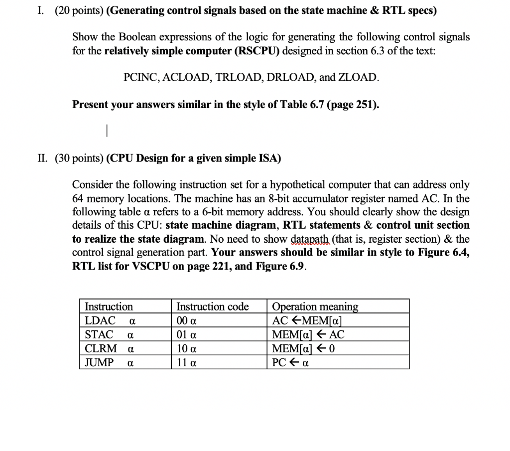 I. (20 points) (Generating control signals based on | Chegg.com