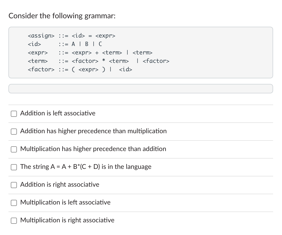 Solved Consider the following grammar: ::= sid> ::= A | B | Chegg.com
