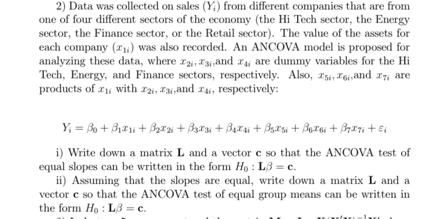 Solved 2) Data was collected on sales (Yi) from different | Chegg.com