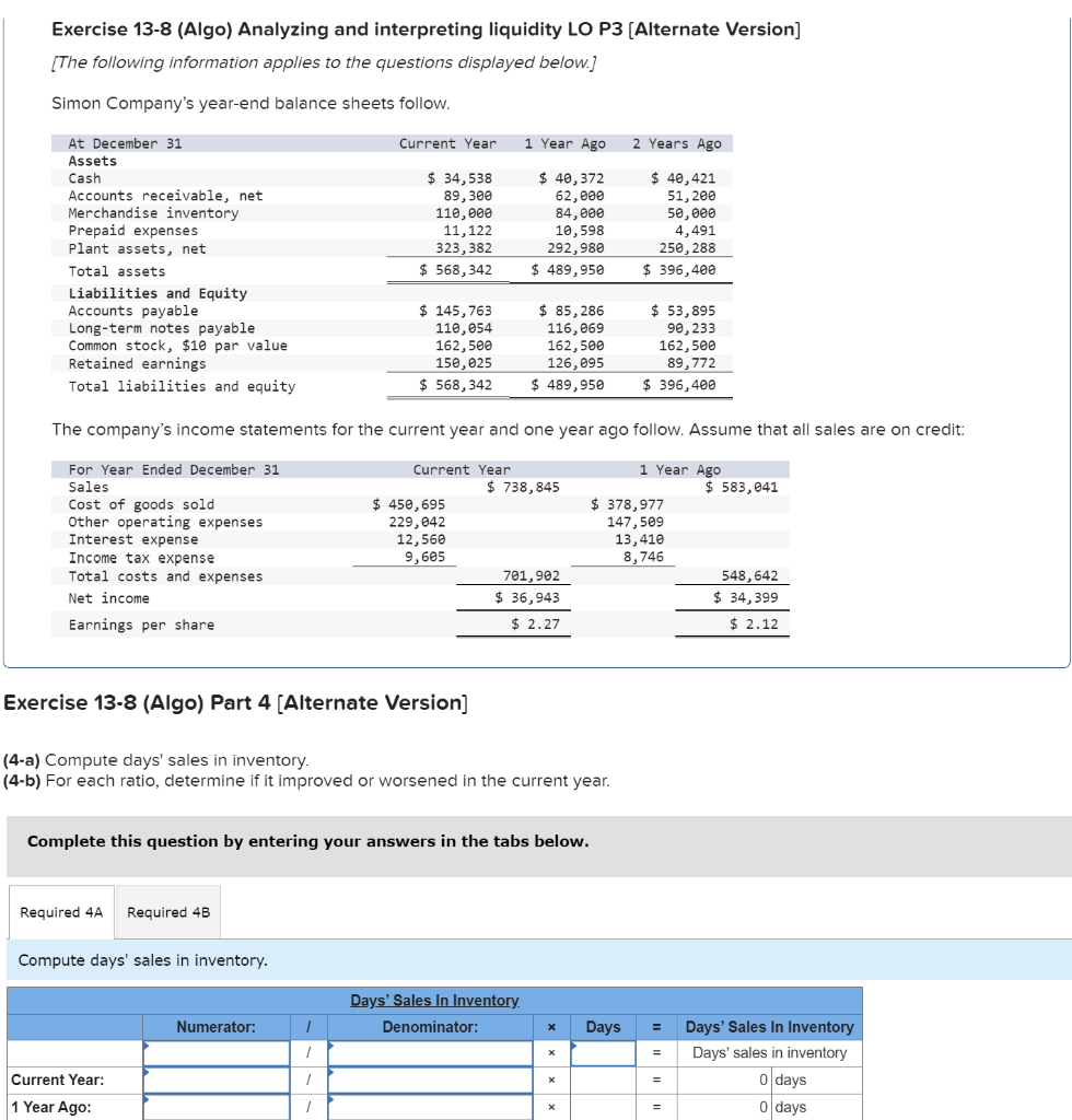 Solved Exercise 13-8 (Algo) Analyzing and interpreting | Chegg.com