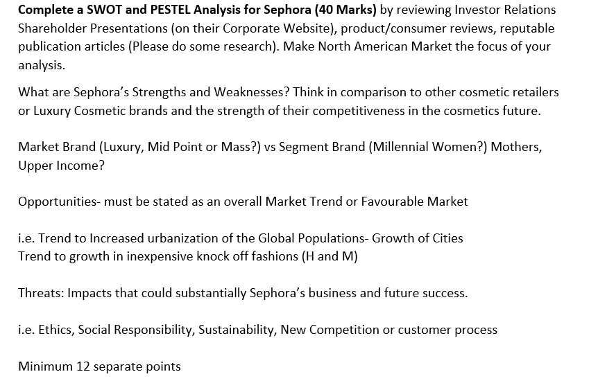 Solved Complete a SWOT and PESTEL Analysis for Sephora (40 | Chegg.com