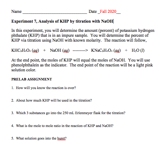 Solved Name Date_Fall 2020_ Experiment 7, Analysis of KHP by | Chegg.com